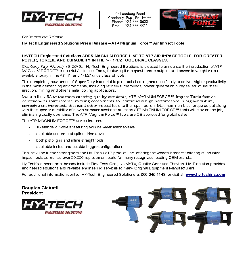 HY-TECH Engineered Solutions Adds Magnum Force Line to ATP Air Impact Tools