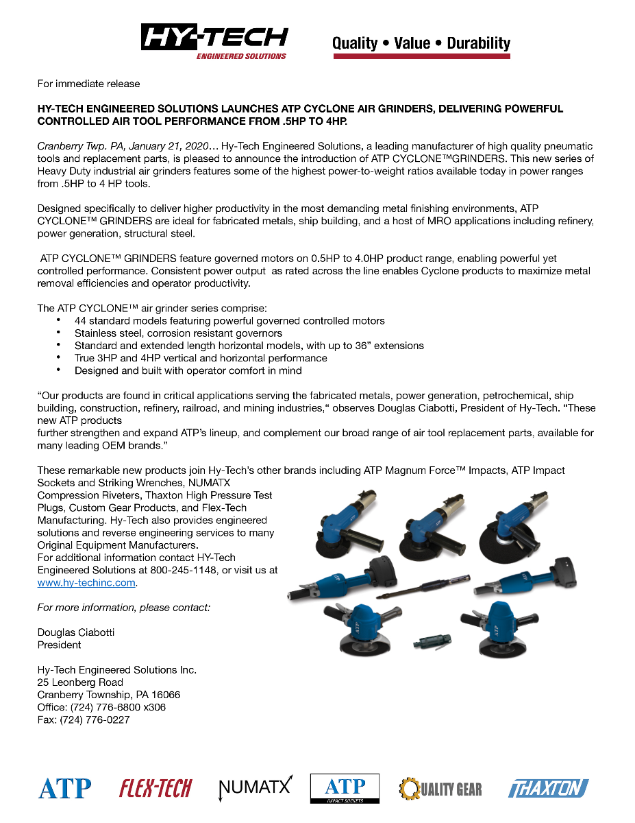 HY-TECH Engineered Solutions Launches ATP Cyclone Air Grinders