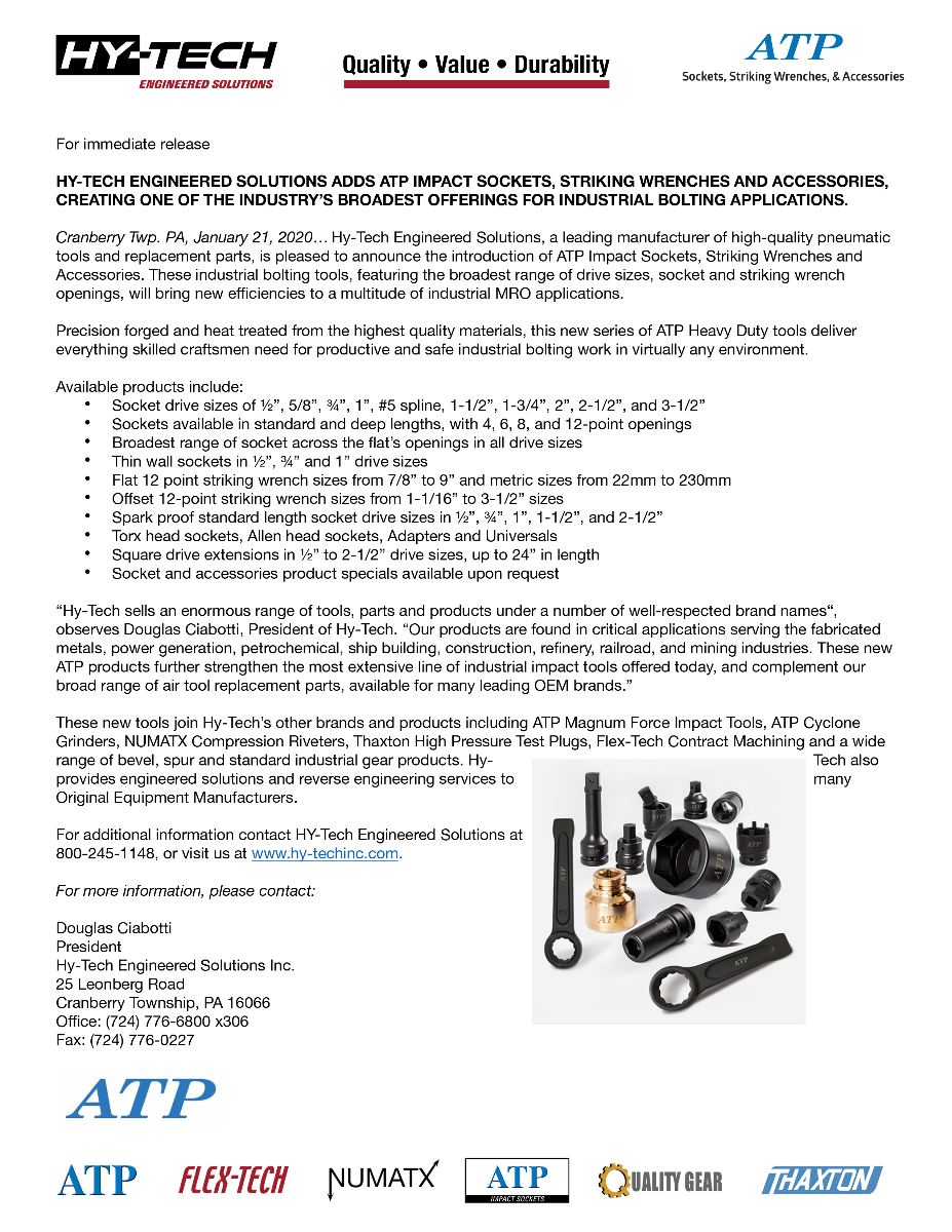 HY-TECH Engineered Solutions Adds ATP Impact Sockets, Striking Wrenches ...